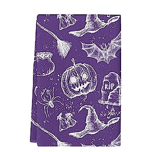 Kitchen Towels Happy Halloween Purple Absorbent Tea Towel Soft Hand Dish Towel Pumpkin Witch Bat Reusable Washable Cleaning Cloth Hand Bath Towels for Bathroom Bar for Everyday Cooking (Pack of 1)