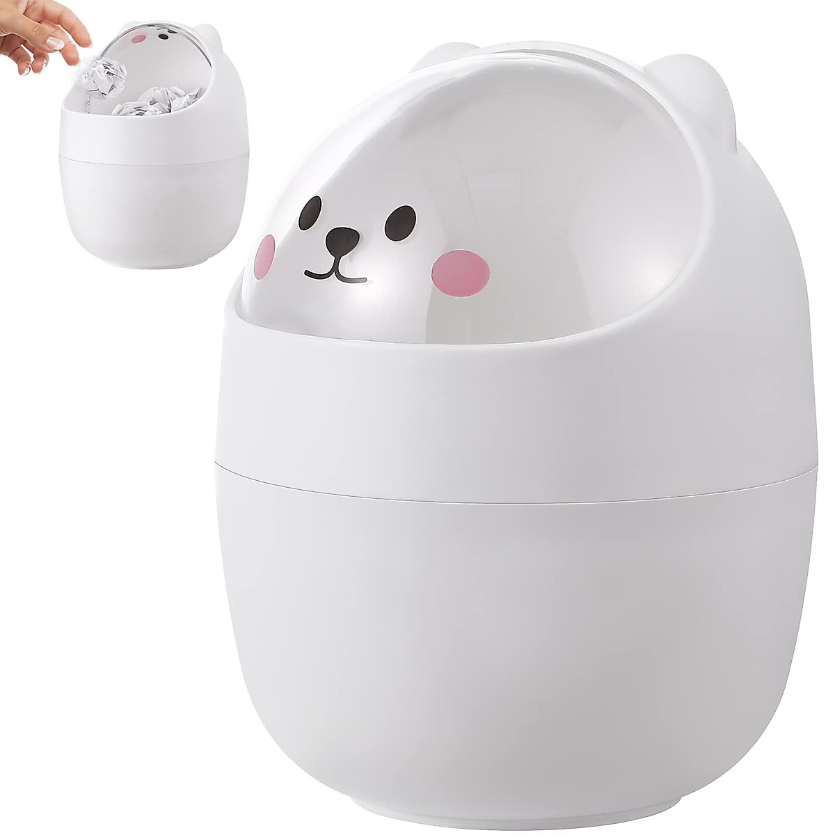 Veemoon Desktop Mini Trash Bin with Shake Lid Cute Trash Can Countertop Garbage Storage Bucket Wastebaskets Small Waste Bin for Desk Car Office Kitchen- White