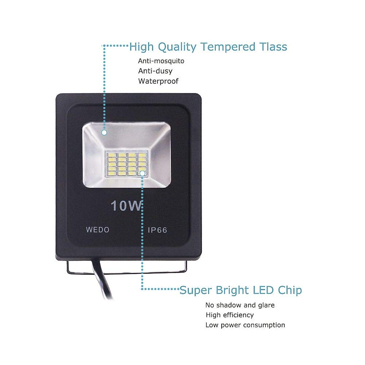 WeDo 10W Ultra Bright Outdoor SMD LED Flood Light Reflector IP66 Waterproof Wall Garden Home Yard Hotel Pathways Security Lights with US Plug Daylight White 6500K