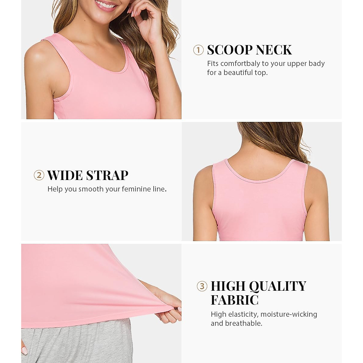 Rosyline 4 Piece Women Tank Tops Basic Sleeveless Undershirt Layering Tanks Black/Grey/White/Pink XL