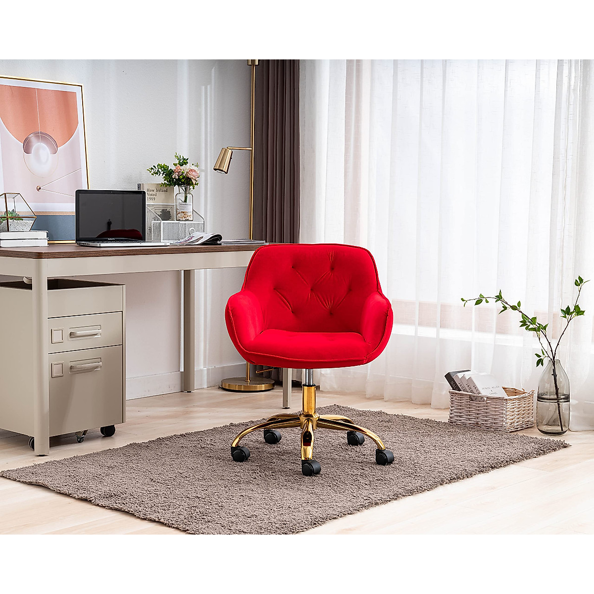 ZOBIDO Comfy Home Office Task Chair with Wheels, Cute Modern Upholstered Velvet Back Adjustable Swivel Vanity Desk Chair, for Women,for Girls, Living Room, Bedroom(red)