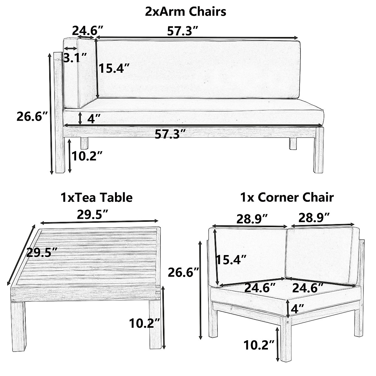 EMKK 4 Pcs Outdoor Furniture Sectional PE Rattan Wicker Patio Conversation Cushions and Table X-Back Sofa Set, Lshaped Brown+Gray
