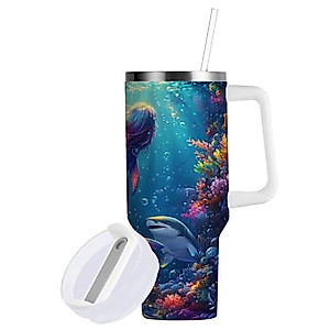 Slewiaeky Tumbler with Handle 40 oz Colorful Ocean Mermaid Shark Travel Mug with Lid and Straw Stainless Steel Vacuum Insulated Water Bottle Cup for Iced Tea Coffee Cold Beverages Cup Holder Friendly