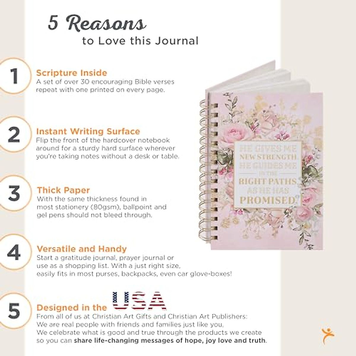 Christian Art Gifts Journal w/Scripture He Gives Me New Strength Psalm 23:3 Bible Verse, Pink Floral 192 Ruled Pages, Large Hardcover Notebook, Wire Bound