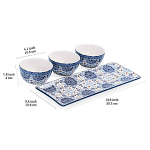 Bico Blue Talavera Ceramic Dipping Bowl Set (9oz bowls with 14 inch platter), for Sauce, Nachos, Snacks, Microwave & Dishwasher Safe