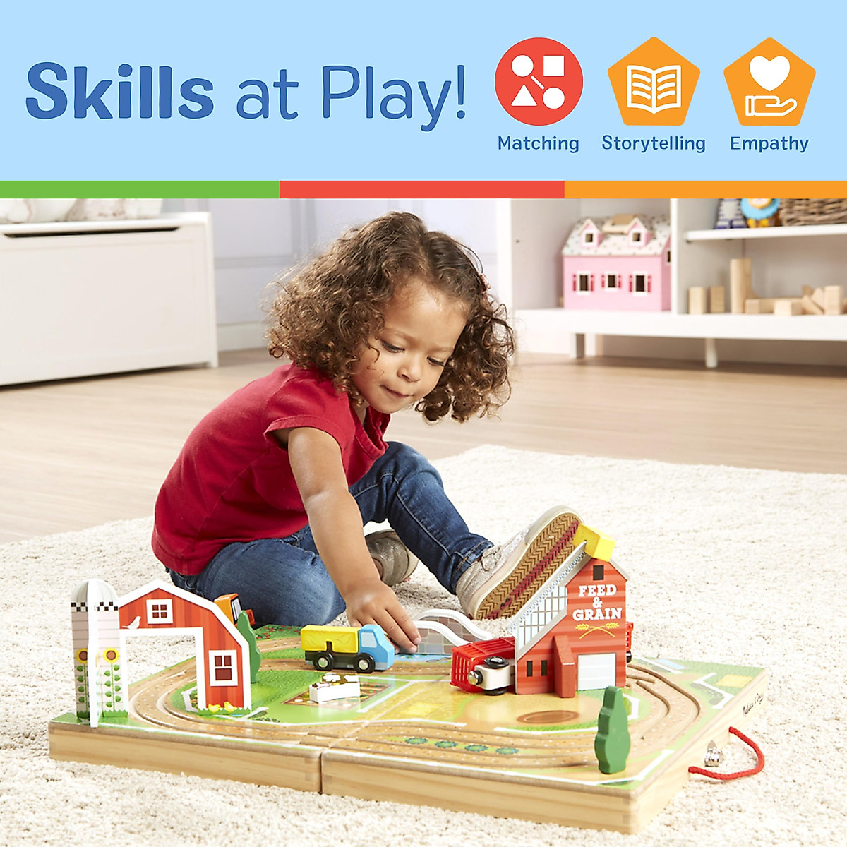 Melissa & Doug 17-Piece Wooden Tabletop Farm Playset With 4 Vehicles, Grain House & Play Pieces - Pretend Barnyard Toy For Toddlers Ages 1+