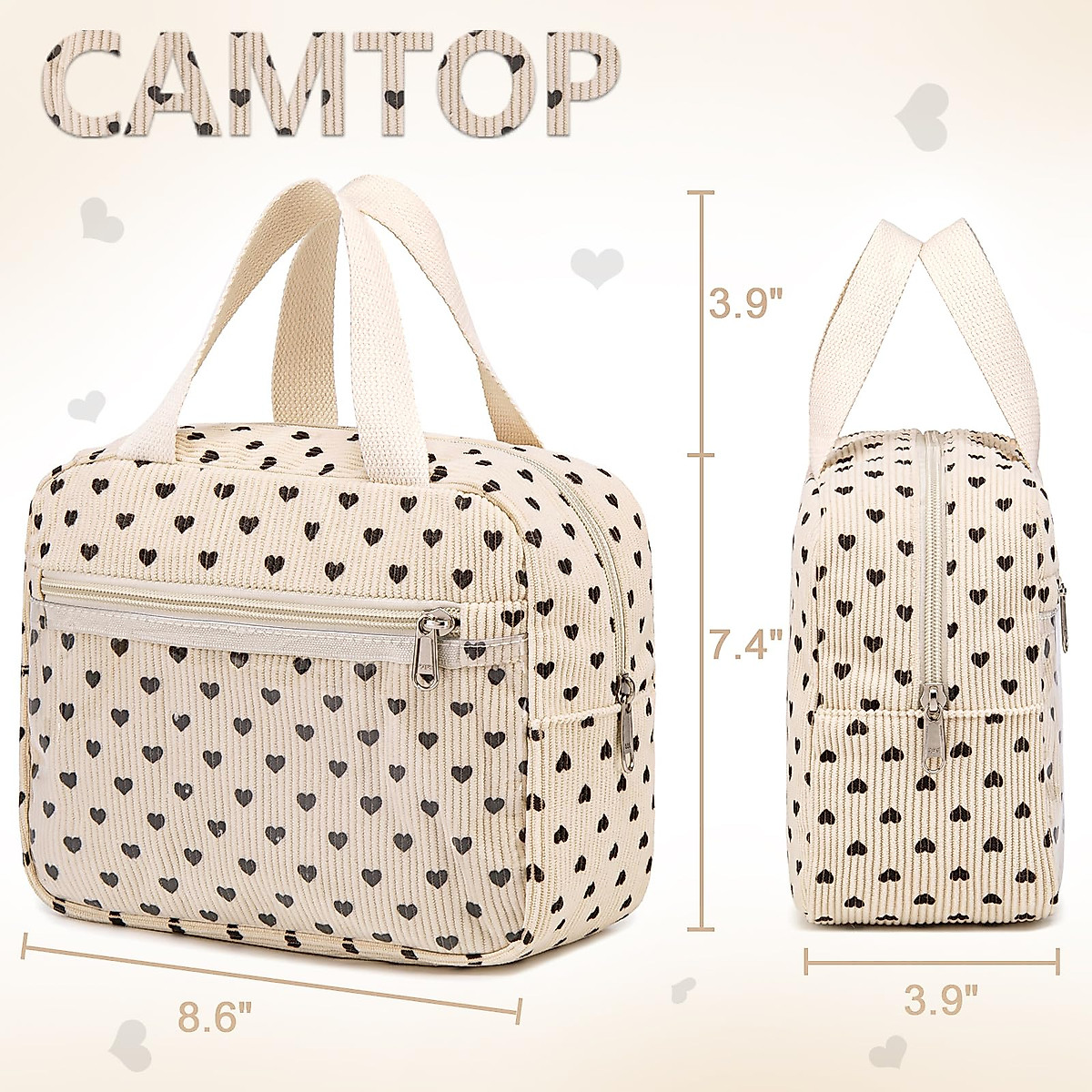 CAMTOP Makeup Bag Women Girls Corduroy Cosmetic Bags Travel Toiletry Purse Zipper Pouch (Black Heart)