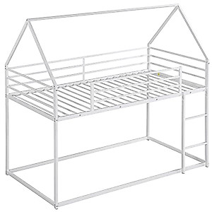 Harper & Bright Designs Twin Over Twin House Bunk Bed with Built-in Ladder, Metal Low Bunk Bed for Kids Girls Boys - White
