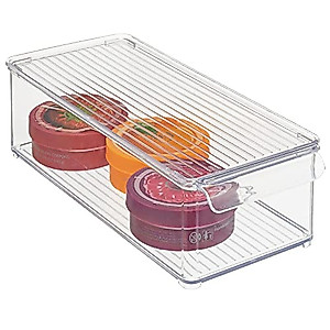mDesign Slim Plastic Storage Organizer Bin with Handle and Lid for Bathroom Vanity - Hold Soap, Body Wash, Shampoo, Lotion, Conditioner, Hand Towels, Hair Accessories, Body Spray, Mouthwash - Clear