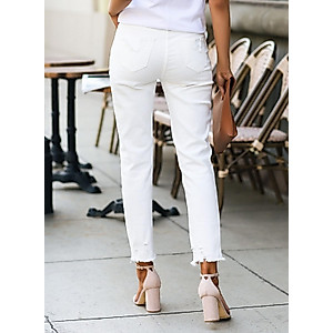 EVALESS White Womens Jeans Stretch Boyfriend Ripped Distressed Frayed Raw Straight Ankle Hem Denim Pants Tummy Control Size 8