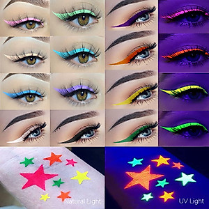 Water Activated Split Cake Eyeliner, UV Blacklight Glow Fluorescent Paint, Onmay 14 Bright Color Retro Graphic Hydra Eye Liner, Body Face Paint, Halloween Makeup (14color)