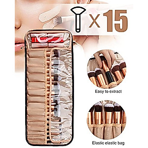 Relavel Makeup Brush Rolling Case Makeup Brush Bag Pouch Holder Cosmetic Bag Organizer Travel Portable Cosmetics Brushes Black Leather Case with Small Clear Bag