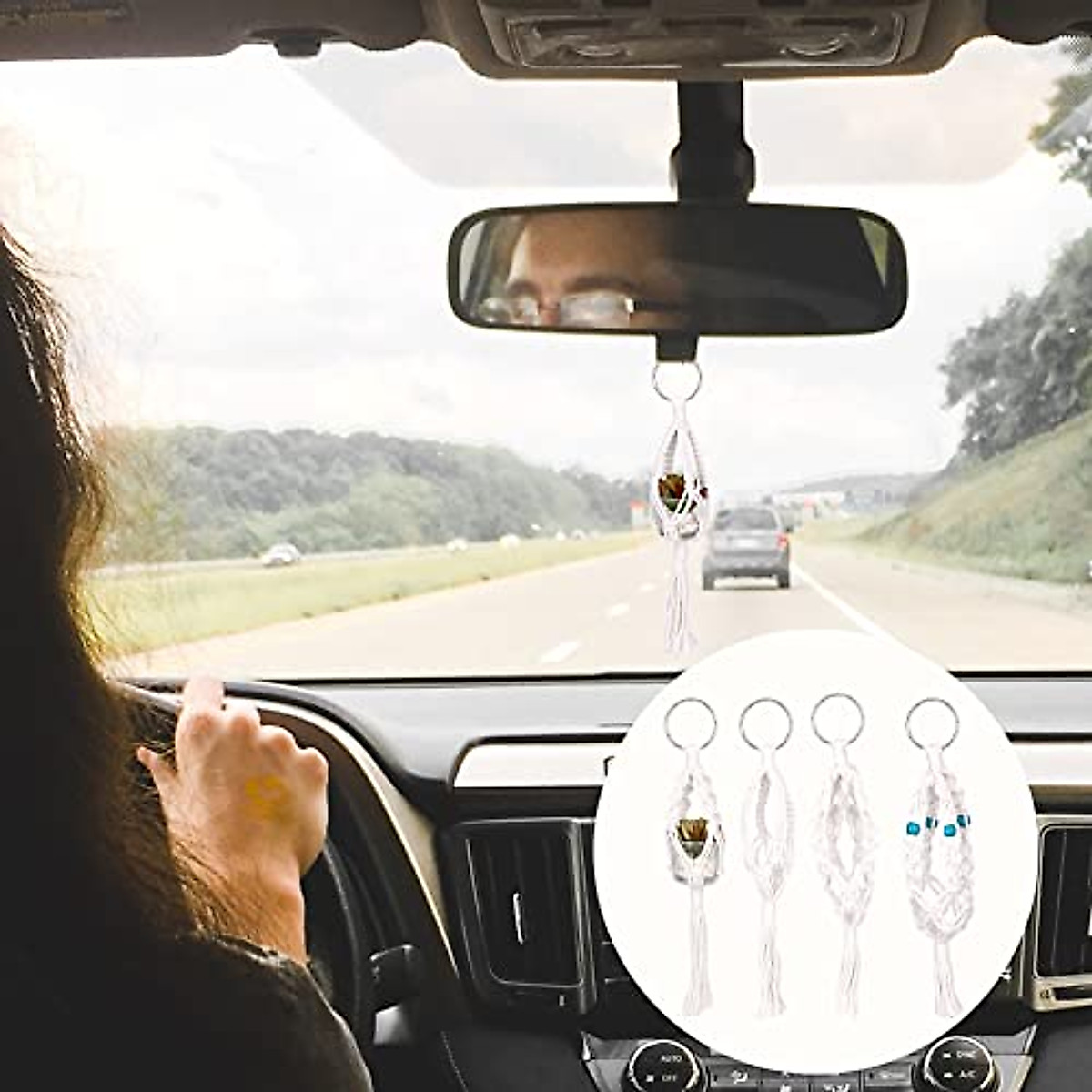 SAVITA 4 Pcs Car Plant Hangers, Mini Macrame Plant Hanger, Rear View Mirror Charm Hanging Plant Holder Accessories for Succulent Chlorophytum Car (White, 4 Styles)