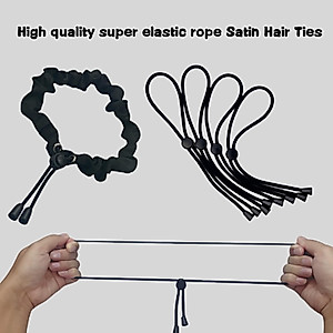 6 Pcs Black Large Adjustable Length Satin Hair Ties for Afro Puff, Heavy and Curly Hair, Silk Soft Ponytail Holders - Perfect for Medium to Thick Hair (deep black)