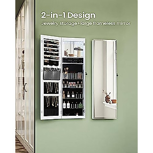 Hzuaneri 8 LEDs Jewelry Cabinet Armoire, 42.7" Tall Frameless Mirror Jewelry Organizer, lockable Wall/Door Mounted Makeup Jewelry Storage with Mirror, 4 Shelves, White and Black JC10803B