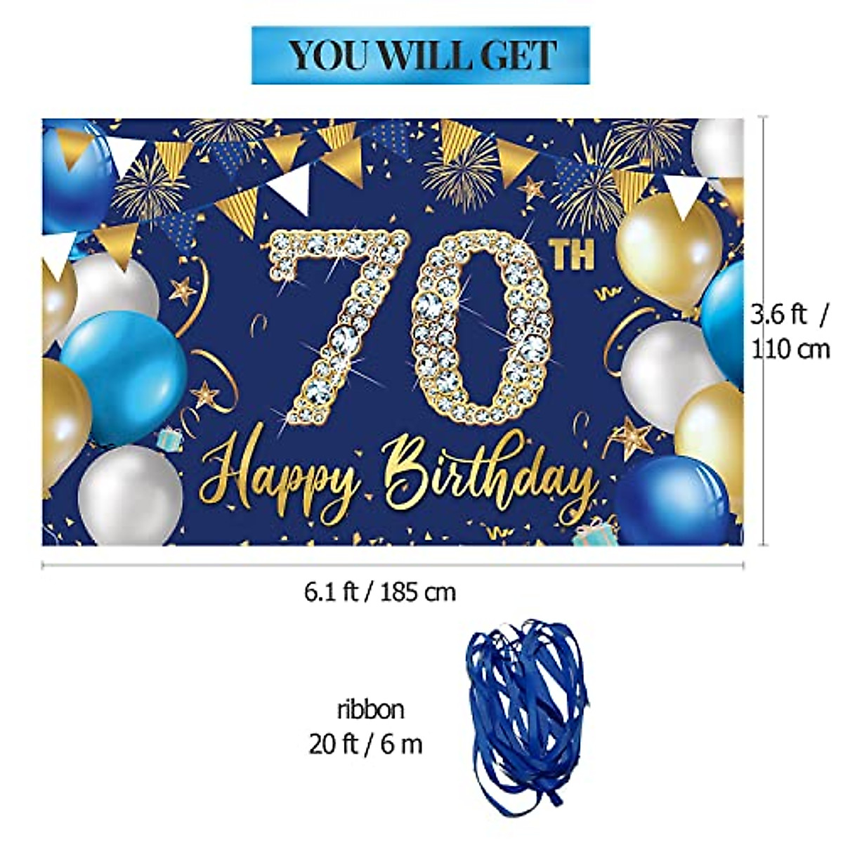 70th Birthday Decorations Backdrop Banner for Men, Happy 70th Birthday Decorations Men, Blue Birthday Photography Background, 70 Year Old Birthday Party Sign Poster Decor Fabric 6.1ft x 3.6ft PHXEY