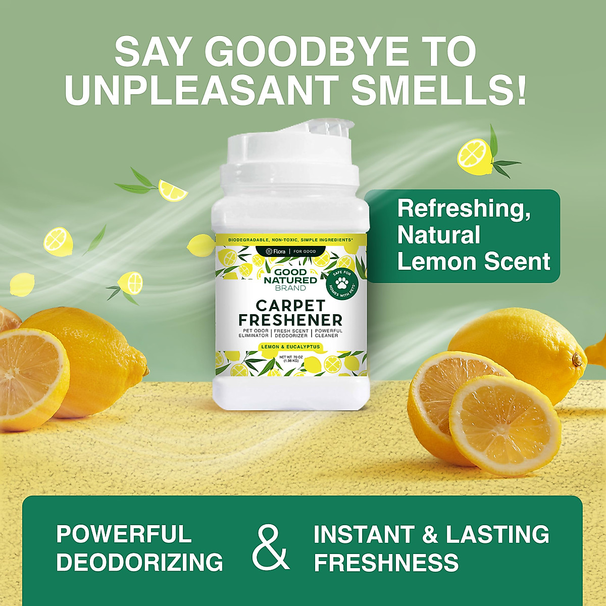 Good Natured Brand | Carpet Freshener & Deodorizer Powder | Pet Odor Eliminator for Strong Odor & Pet Urine | Fresh Natural Lemon & Eucalyptus Scent | Biodegradable, Safe for Homes with Pets - 70oz