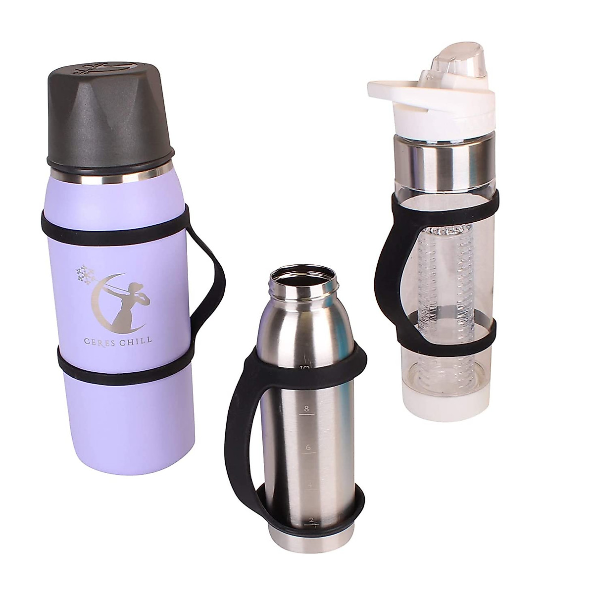 CERES CHILL Water Bottle Strap Handle Carrier fits 8oz to 28oz in Size, Silicone Strap Makes Any Bottle Handheld. for Runners & Joggers Anti Slip Grip & Drop Protection (2-Pack, Black, Small)