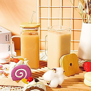 Rtteri 6 Set Glass Cups Square Drinking Glasses with Bamboo Lid Straw and Handle Appreciation Gifts for Employee Coworker Portable Coffee Mugs(13 oz, Small,Clear)