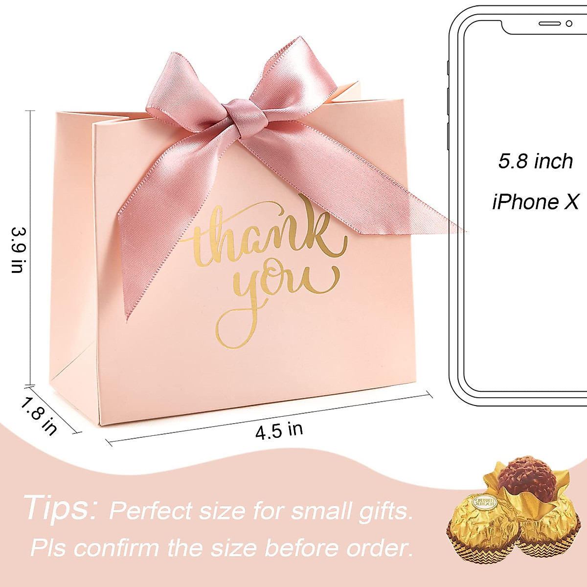 SOSFKIM Thank You Small Gift Bags 24 Pack - Mini Pink Paper Gift Bags with Ribbons, Party Favor Goodie Bags - Baby Shower Wedding Gift Bags Bulk 4.5x1.8x3.9in