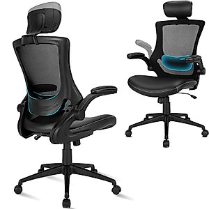POWERSTONE Ergonomic Office Chair with Thickened Leather Seat, Mesh Desk Chair with Adjustable Headrest Lumbar Support and Flip-up Armrests for Home, Office, Study