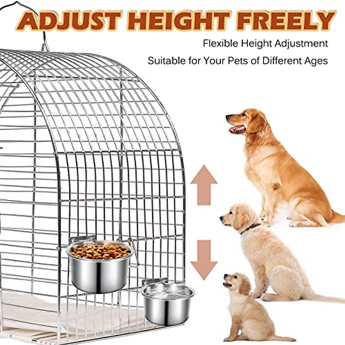 Dog Food & Water Bowl, ShineMe 2 Pack Stainless Steel Pet Bowls for Dogs and Cats Hanging in Cage Crate Kennel, Non-Slip Metal Feeder for Medium and Large Pets (7.1 * 3.5” & 5.5 * 3.2”)