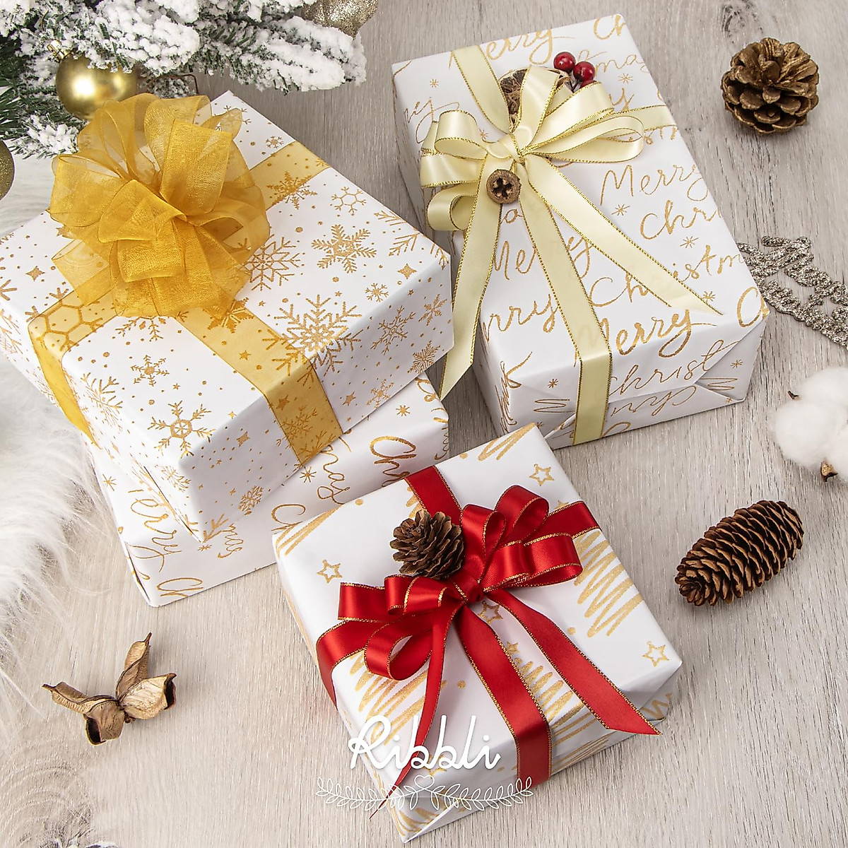 Ribbli White Gold Merry Christmas Wrapping Paper Rolls Snowflake Merry Christmas Tree Pattern with Glitter Gold Mini Roll-17 Inch x 10 Feet Per roll