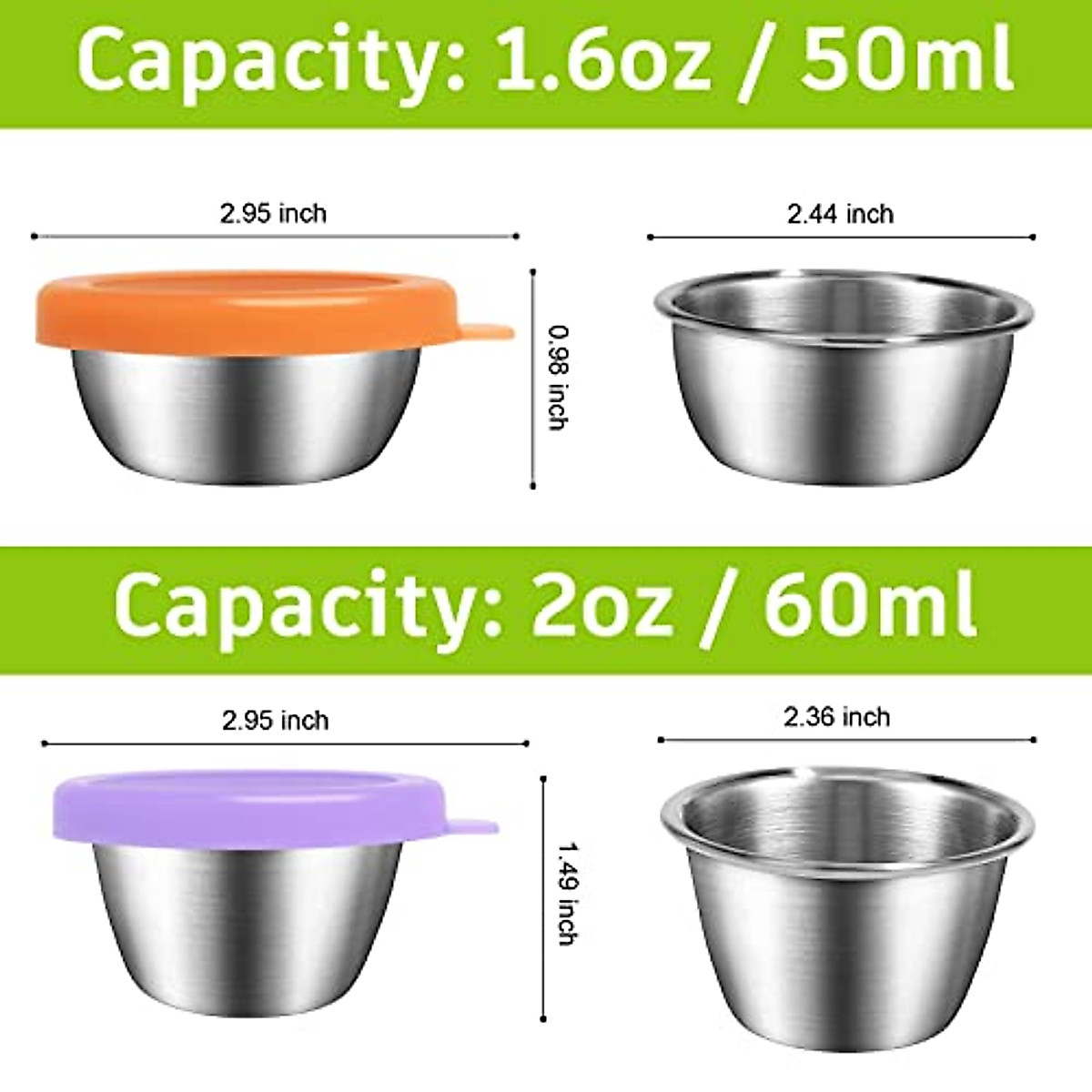 Salad Dressing Container To Go, Small Reusable Condiment Cups Containers with Leakproof Silicone Lids, Stainless Steel Kids Dipping Sauce Cups Food Storage for Lunch Box, Travel, 6 Pack - 1.6oz & 2oz