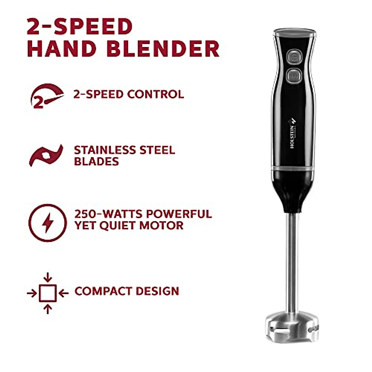 Holstein Housewares Immersion Hand Blender, Black/Stainless Steel - Easy to Mixes Soups, Batters, Drinks, and More