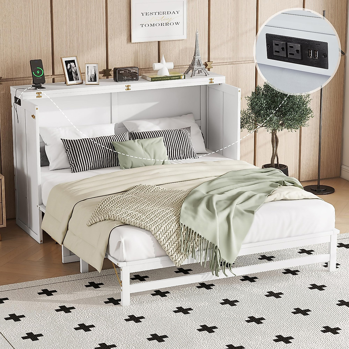 SOFTSEA Queen Murphy Bed Cabinet with Charging Station Foldable Cube Cabinet Chest Bed with Large Drawer Wood Queen Wall Bed for Guest Room, Space Saving