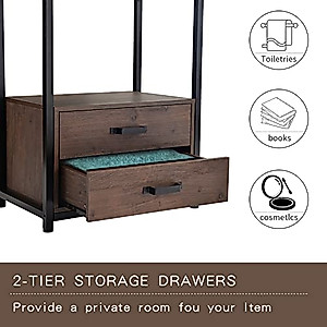 Industrial Wood Bookcase with Two Drawers, Book Storage Rack with Open Display Shelves 4-Tier Open Etagere Bookcase with Adjustable Foot Pads for Living Room, Bedroom, Office, Brown