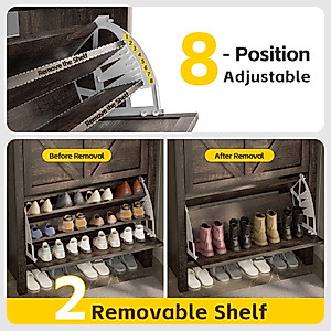 MU Shoe Cabinet with 2 Flip Drawers & Open Storage Space, Entryway Shoe Storage Cabinet with LED Light, Hidden Shoe Organizer for Entryway, Gray