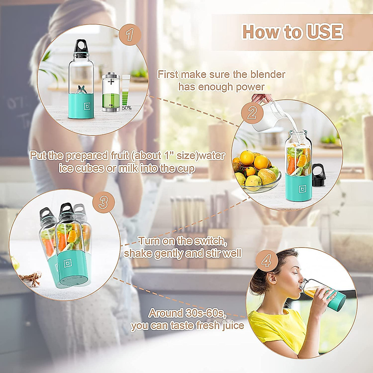 Portable Personal Mini Smoothie Blender: USB rechargeable battery operated bottle blender, Neon blue