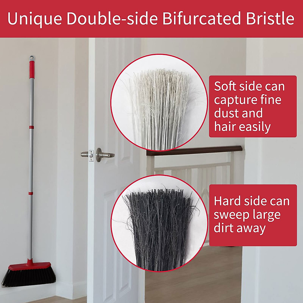 Heavy-Duty Broom Upgraded Double-Side Bristles Wide Angle Outdoor Brooms, 50.78” Adjustable Long Handle, Great for Garden Patio Kitchen Toilet Hair Sweeper