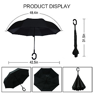 MRTLLOA Windproof Inverted Reverse Umbrella with UV Protection, C-Shaped Handle Double Layer Stick Umbrella for Rain (Black)