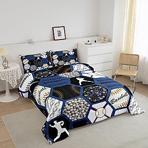 Erosebridal Baseball Bed Set for Boys,Baseball Player Comforter for Kids,Geometric Honeycomb Bedding Set Twin Size,Sports Ball Game Patchwork Quilt Set with 1 Pillowcase Lightweight