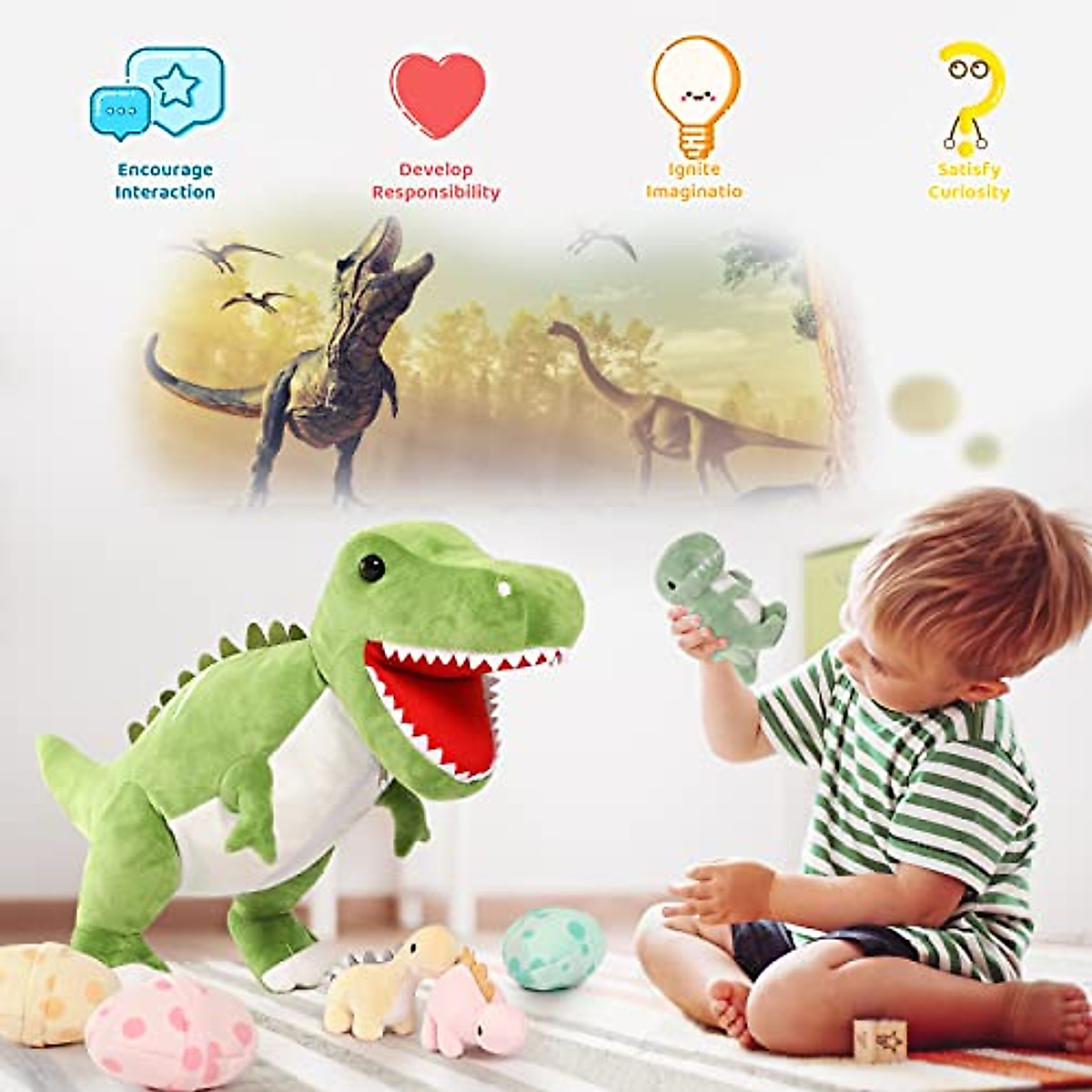 MorisMos Dinosaur Stuffed Animal with Babies,23.6'' Big T-Rex Mommy Stuffed Dinosaur with 3 Baby Dinosaur Plush Toys, 3 Dinos Eggs,Boy Girl Dinosaur Toys for Kid Birthday Christmas,Green T-rex Toys