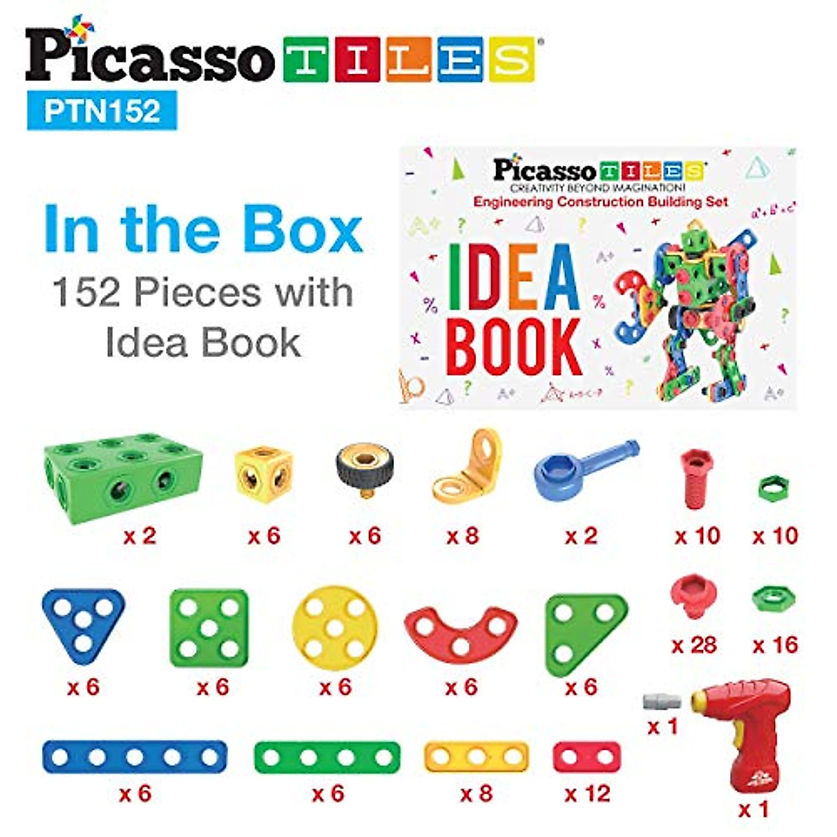 PicassoTiles 152 Pieces Building Block Set Kid Toy STEM Construction Sensory Toys Gifts Engineering Kit Educational w/Idea Book Design Guide, Storage Carry Box, Power Drill, Ratchet, Age 3+ PTN152