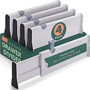 Adjustable Drawer Dividers, [4 Pack] Adjusting Length from 11 Inch - 17 Inch. Tall Drawer Organizers for Clothes, Locks in Place, Use for Bedrooms, Bathroom, Kitchen & Office Organization and Storage.