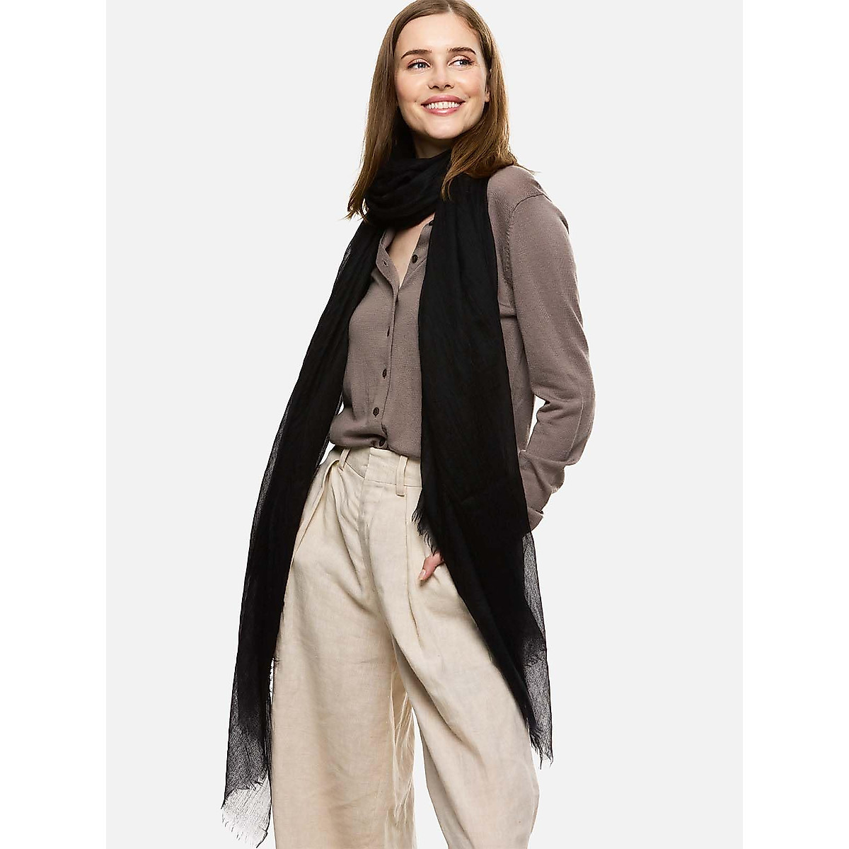 Ovcio Featherlight Black Cashmere Scarf - 100% Pure Cashmere Wrap Scarf for Women (87x39) with Gift Box