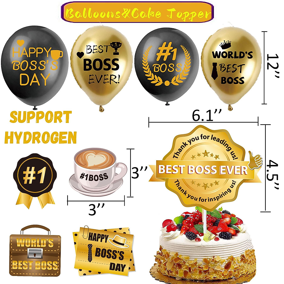 Happy Bos Day Decorations for Men 40PCS Bos Day Decorations For Office with Happy Bos's Day Banner Hanging Swirls Balloons Cake Topper Best Bos Ever Decorations Gold