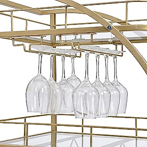 EDWINENE Bar Cart Gold, Metal Frame Home Bar Serving Cart, Wine Cart with 3 Mirrored Shelves, Wine Rack and Glass Holder for Kitchen, Dining Room, Party