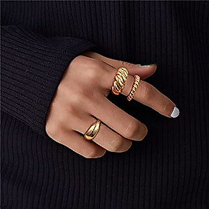LANE WOODS Chunky Ring Set: 14k Gold Plated Croissant Braided Twisted Dome Ring Jewelry for Women Men(8" Gold)