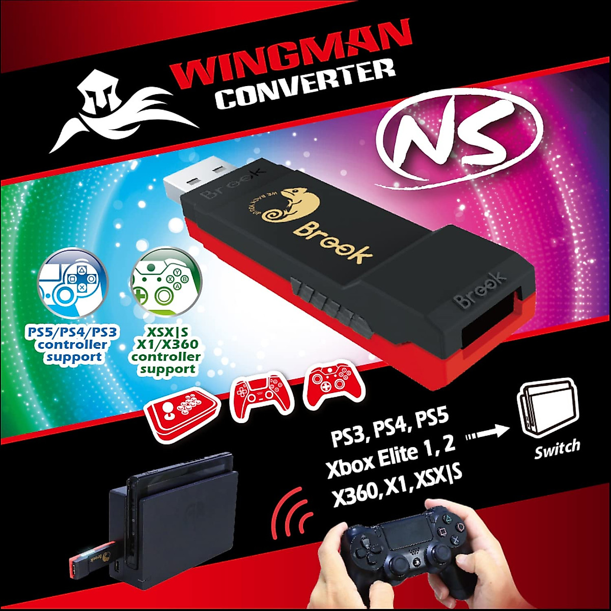 Mcbazel Brook Wingman NS Converter Gaming Adapter for PS5/ PS4/ PS3/ Xbox Series X&S/Xbox 360/ Xbox One/Xbox One Elite1&2 Controller to Switch/PC(X-Input)