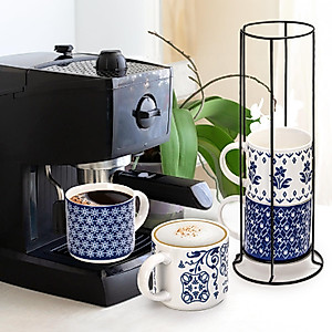 Eorbow 4 Pack Ceramic Coffee Mug Set with Rack, 16 OZ Stackable Cappuccino Cups with Metal Stand, Blue and White Porcelain Tea Mugs for Latte, Americano, Milk, Hot Cocoa, Beverages, Microwave Safe