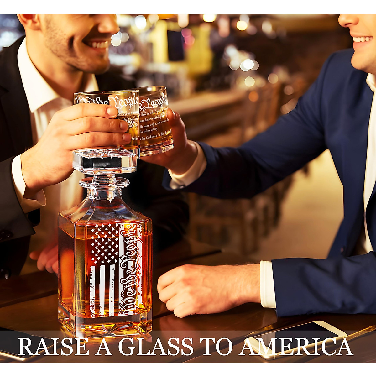 Whiskey Decanter Set for Men, We The People Decanter Set with Glasses, Engraved American Flag Decanter for Liquor Bourbon Gifts for Men Unique Birthday Father's Day Gifts for Men Dad