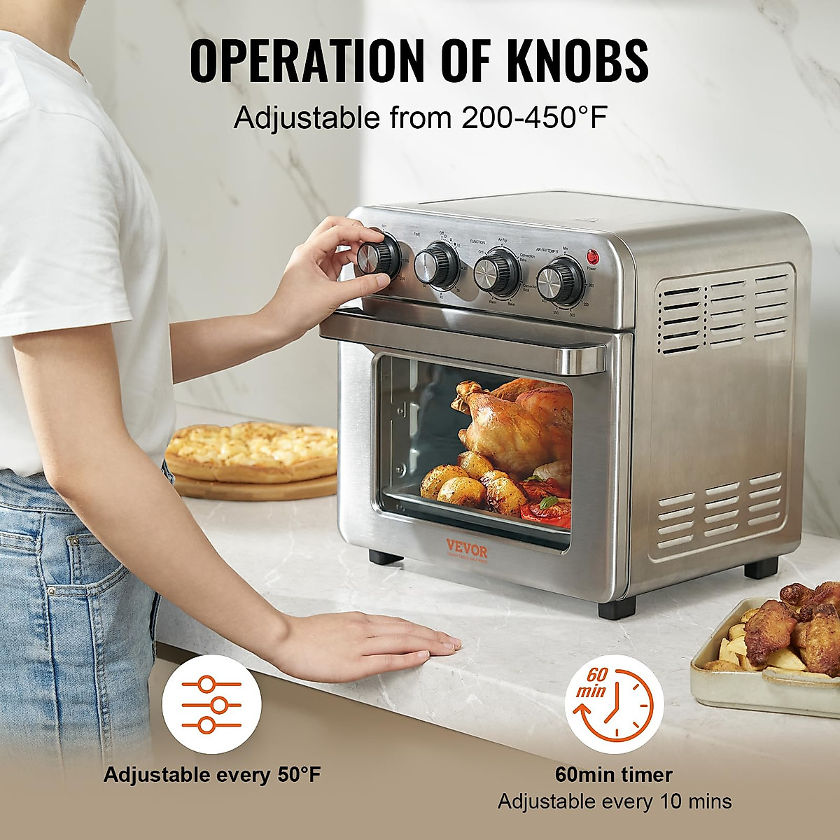 VEVOR 7-IN-1 Air Fryer Toaster Oven, 18L Convection Oven, 1800W Stainless Steel Toaster Ovens Countertop Combo with Grill, Pizza Pan, Gloves, 6 Slices Toast, 10-inch Pizza, Home and Commercial Use