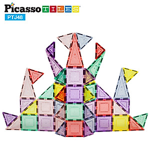 PicassoTiles Magnetic Tiles Blocks Magnet Tile Magnets Building Blocks Construction Toy Set with Reflective Leaf Flakes Magnetic Building Tiles Toys STEM Learning Kit Stacking Block Playset PTJ48