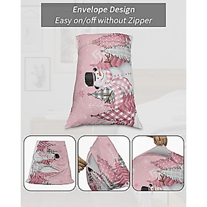 Edwiinsa Blush Pink Snowman Pillow Covers King Standard Set of 2 Bed Pillow, Plush Soft Comfort for Hair/Skin Cooling Pillowcases with Envelop Closure 20x36 Inches Christmas Dot Plaid Tree