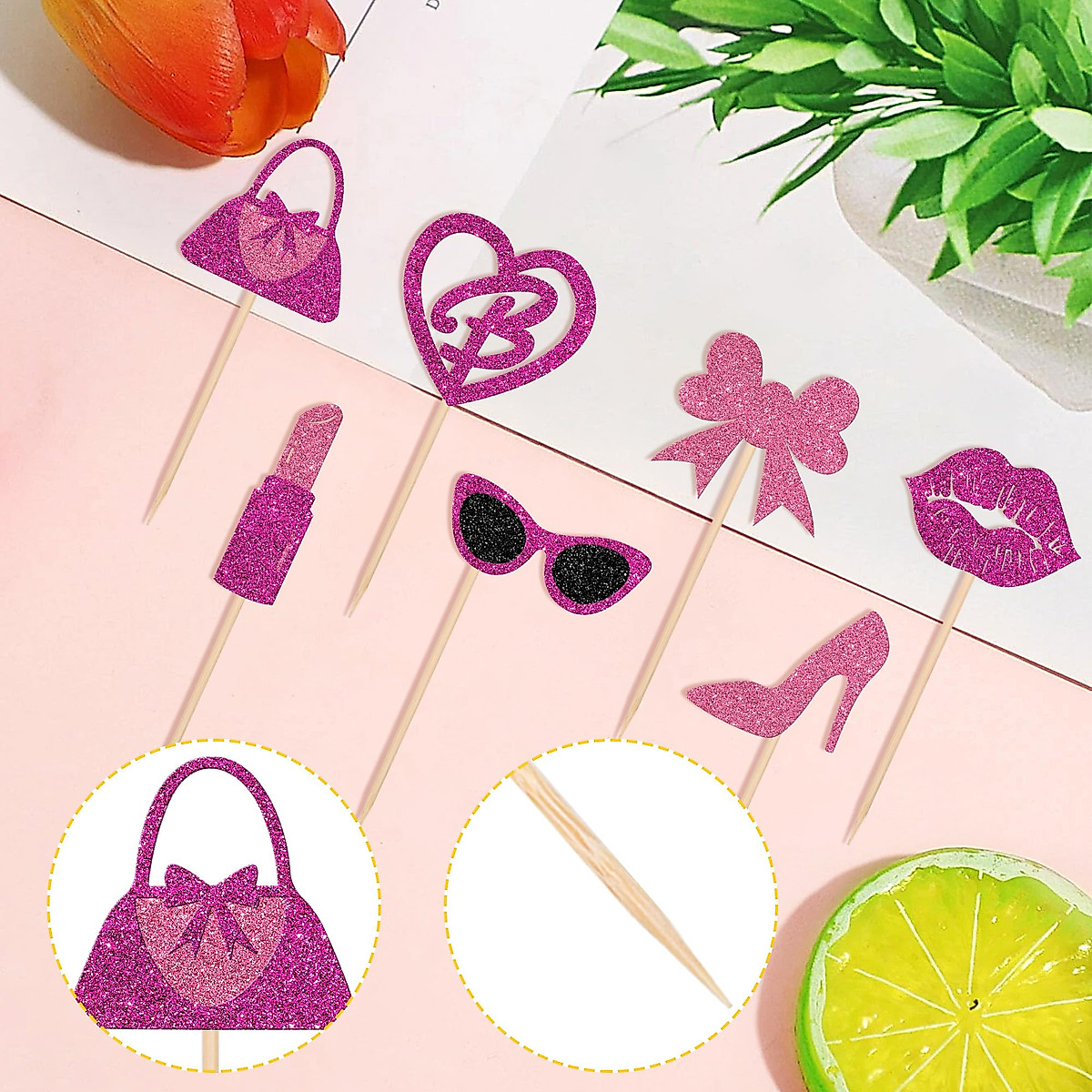 24 PCS Princess Cupcake Toppers Glitter Pink Girl Cupcake Picks Handbag Glasses Bow Lipstick Tie High Heel Cake Decorations for Wedding Bridal Shower Baby Shower Birthday Party Supplies Rose Red